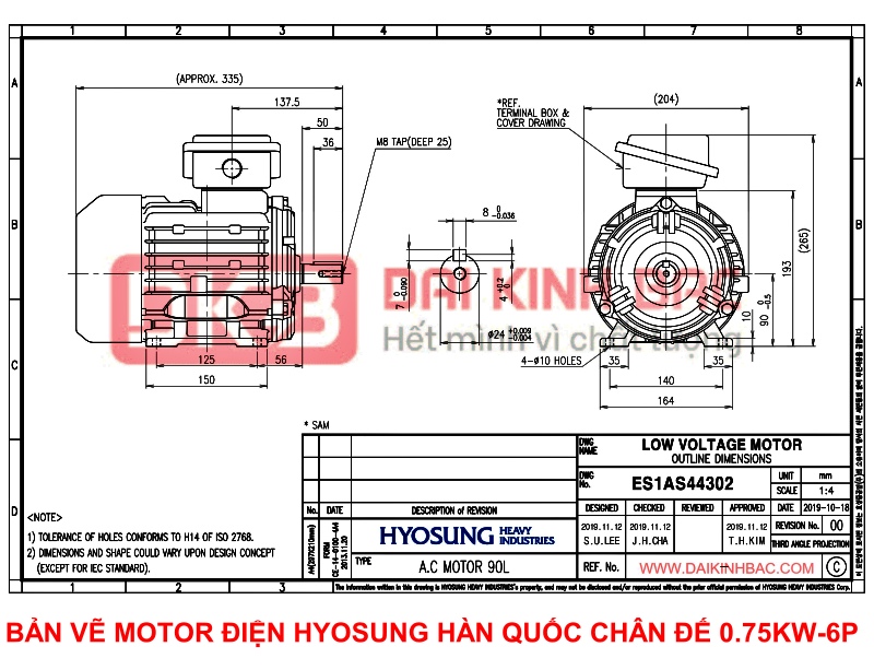 Mô Tơ Quạt 0.75KW-1HP Hyosung Hàn Quốc